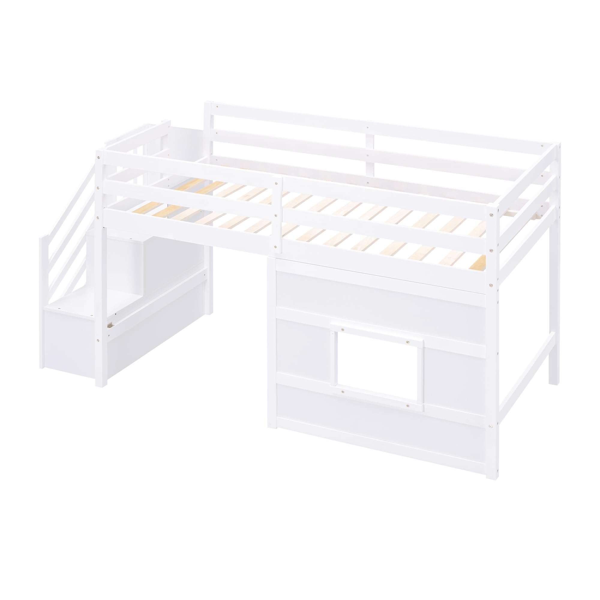 Bellemave Twin Size Low Loft Bed for Kids,Twin Loft Bed with Storage Staircase and Window,Wooden Bed Frame for Teens, Boys, Girls(White)