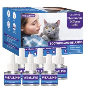 weallin 6 pack cat calming diffuser refills - cat pheromones calming diffuser refill relieve anxiety & stress 6 month supply, cat pheromone diffuser refills (fits all common diffuser heads)