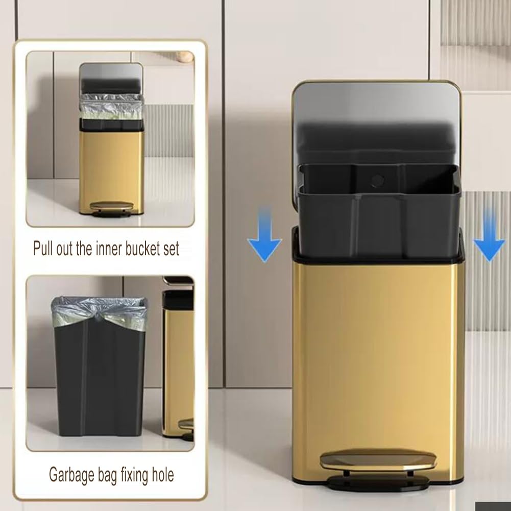 zktoermn Bathroom Trash Can with Lid, Fingerprint Resistant Foot Pedal Garbage Can Removable Liner Bucket for Home, Kitchen, Laundry Room, Office, Bedroom (Color : Gold, Size : 21L)