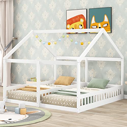 LostCat Wooden Kids Double Bed Frame, Two Shared Beds with Roof, 2 Twin Size House Platform Beds, House Platform Beds with Fence, Montessori Bed for Two Kids Teens Boys Girls, White