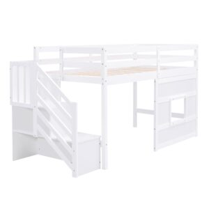 Bellemave Twin Size Low Loft Bed for Kids,Twin Loft Bed with Storage Staircase and Window,Wooden Bed Frame for Teens, Boys, Girls(White)