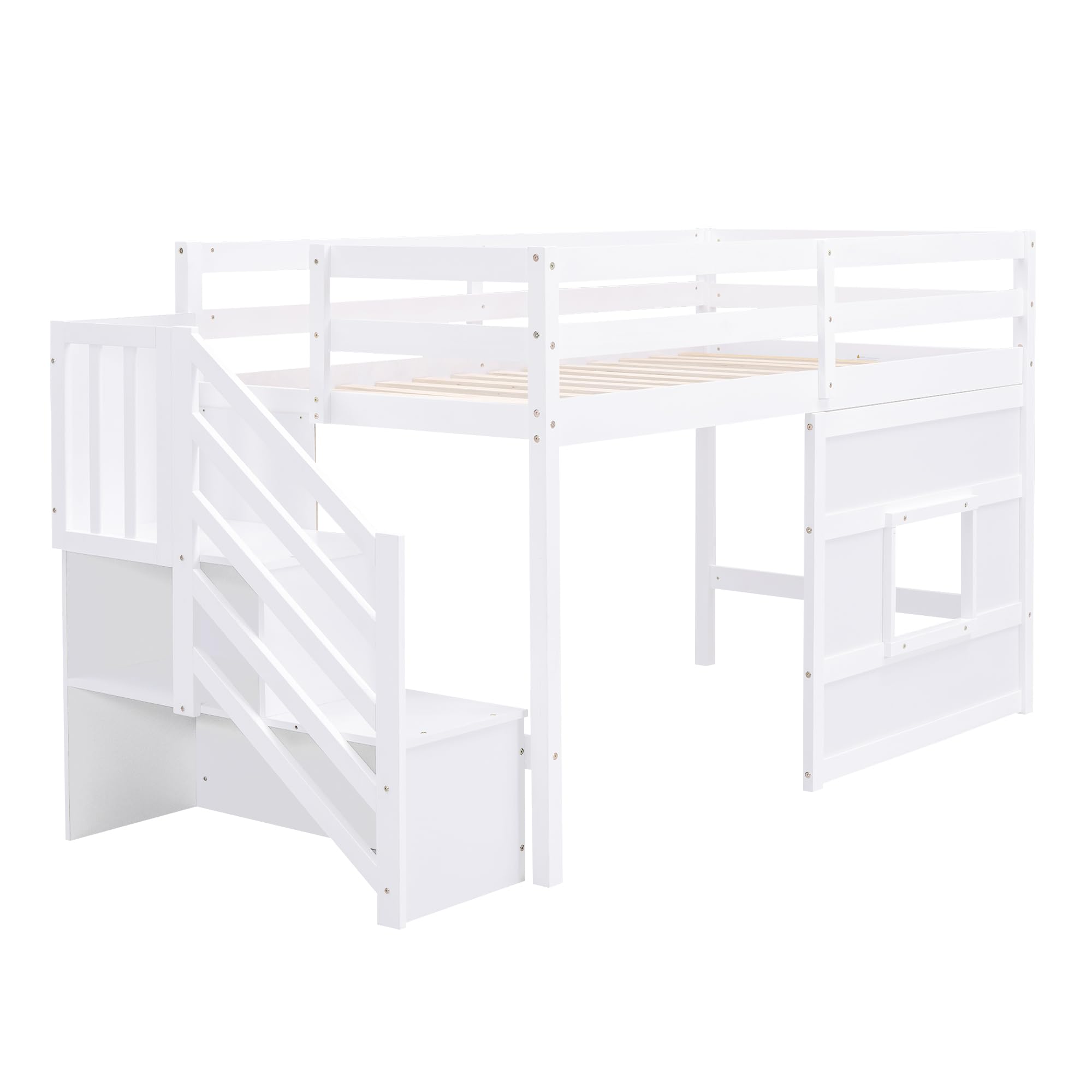 Bellemave Twin Size Low Loft Bed for Kids,Twin Loft Bed with Storage Staircase and Window,Wooden Bed Frame for Teens, Boys, Girls(White)