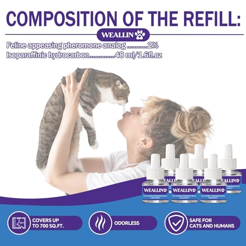 WEALLIN 6 Pack Cat Calming Diffuser Refills - Cat Pheromones Calming Diffuser Refill Relieve Anxiety & Stress 6 Month Supply, Cat Pheromone Diffuser Refills (Fits All Common Diffuser Heads)