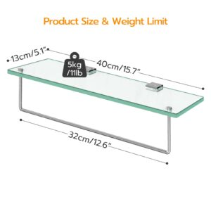 HOOBRO Glass Shelf for Bathroom, 15.7 Inch Glass Bathroom Shelf Wall Mounted, Tempered Glass Shelf with Stainless Steel Rod, Floating Shelves for Bathroom, Toilet, Room Decor, Silver SV03BJ01