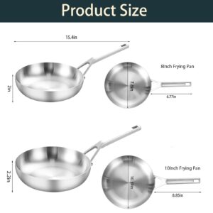 Yeksum Tri-Ply Stainless Steel Frying Pan Set, 8 Inch and 10Inch, Skillet set, Durable, Cooking Pan 8" 10", Induction Ready Egg Pan, Compatible with All Cooktops Up to 600℉