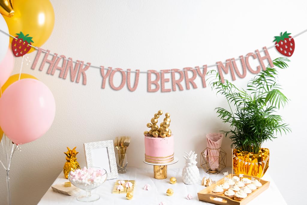 Thank You Berry Much Banner, Strawberry Themed Bachelorette Wedding Bridal Shower Party Decorations, Thanksgiving Day Decoration, Fruit Birthday Baby Shower Party Supplies Rose Gold Red