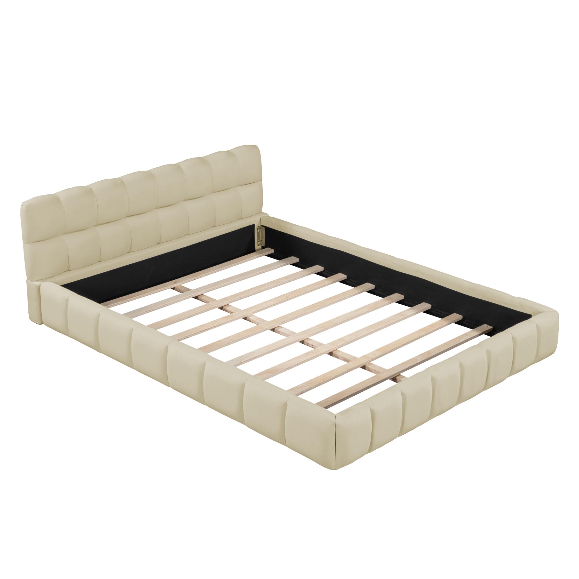 Modern Queen Size Upholstered Platform Bed with Thick Fabric, Linen Fabric Grounded Bed with Solid Wood Frame for Kids Teens Adults Like Cloud Bread (Beige-@1)