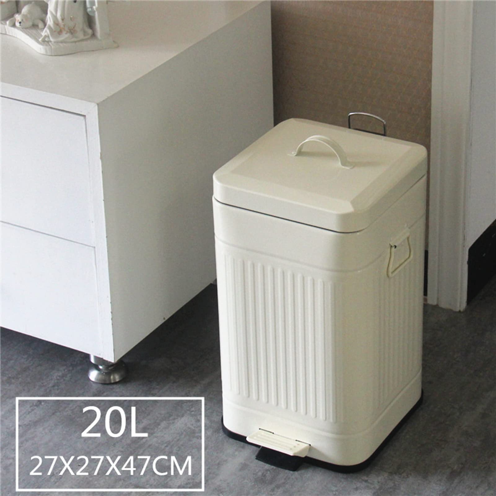 Topyond Bathroom Trash Can with Lid, Light Luxury Waste Basket for Home Bedroom, Thickening Square Step On Garbage Bin for Kitchen Bedroom Living Room(5L-Beige)