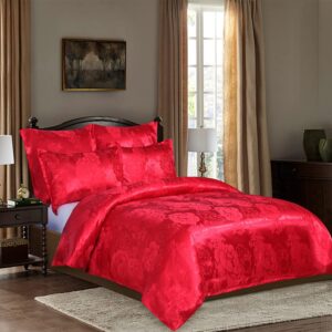 Satin Duvet Cover Queen Size, Floral Jacquard Satin Duvet Cover Set 3 Piece Luxury Silk Like Bedding Comforter Cover Set 90"x90", 2 Piece Pillowcase with Zipper Closure & Corner Ties (04,Queen)