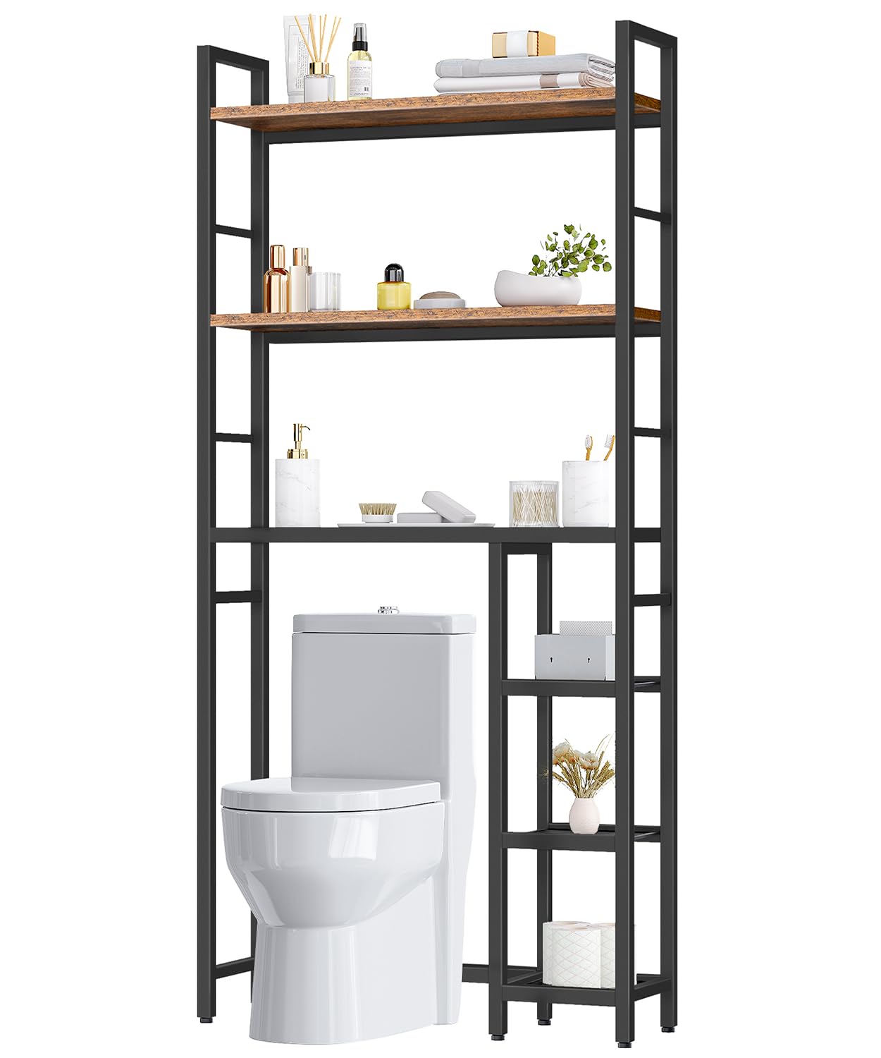 HOOBRO 6-Tier Over The Toilet Storage, Freestanding Bathroom Organizer Space Saver, Mass-Storage Side Storage Open Rack, for Bathroom, Living Room, Laundry, Rustic Brown and Black BF02TS01