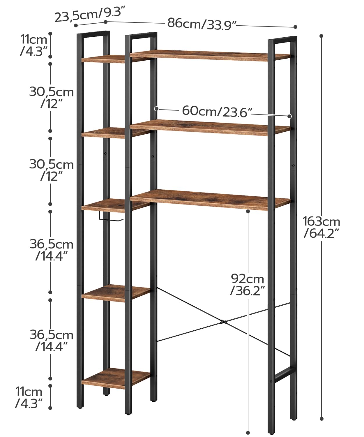 HOOBRO 8-Tier Over The Toilet Storage, Freestanding Bathroom Organizer Space Saver, Mass-Storage Side Storage Open Rack, for Bathroom, Living Room, Laundry, Rustic Brown and Black BF86TS01