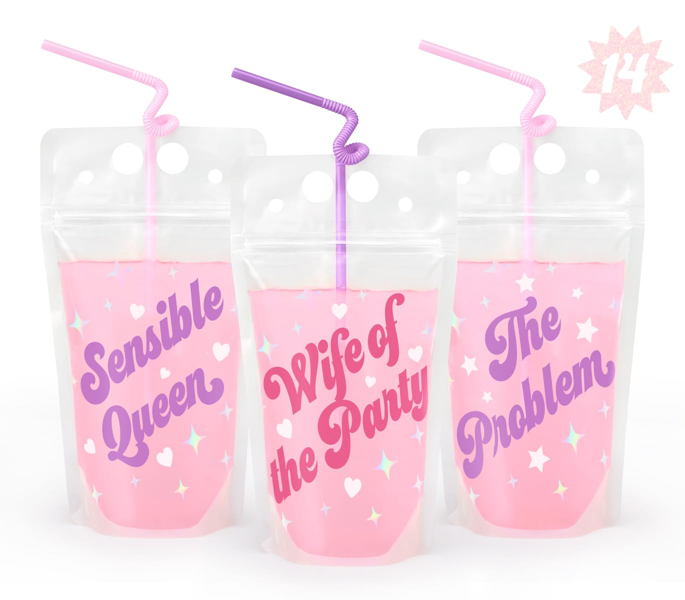 xo, Fetti Bachelorette Party Drink Pouches - 14 pcs | Bach Party Cups, Bridesmaid Names Decorations, Maid of Dishonor Favors, Wife of the Party