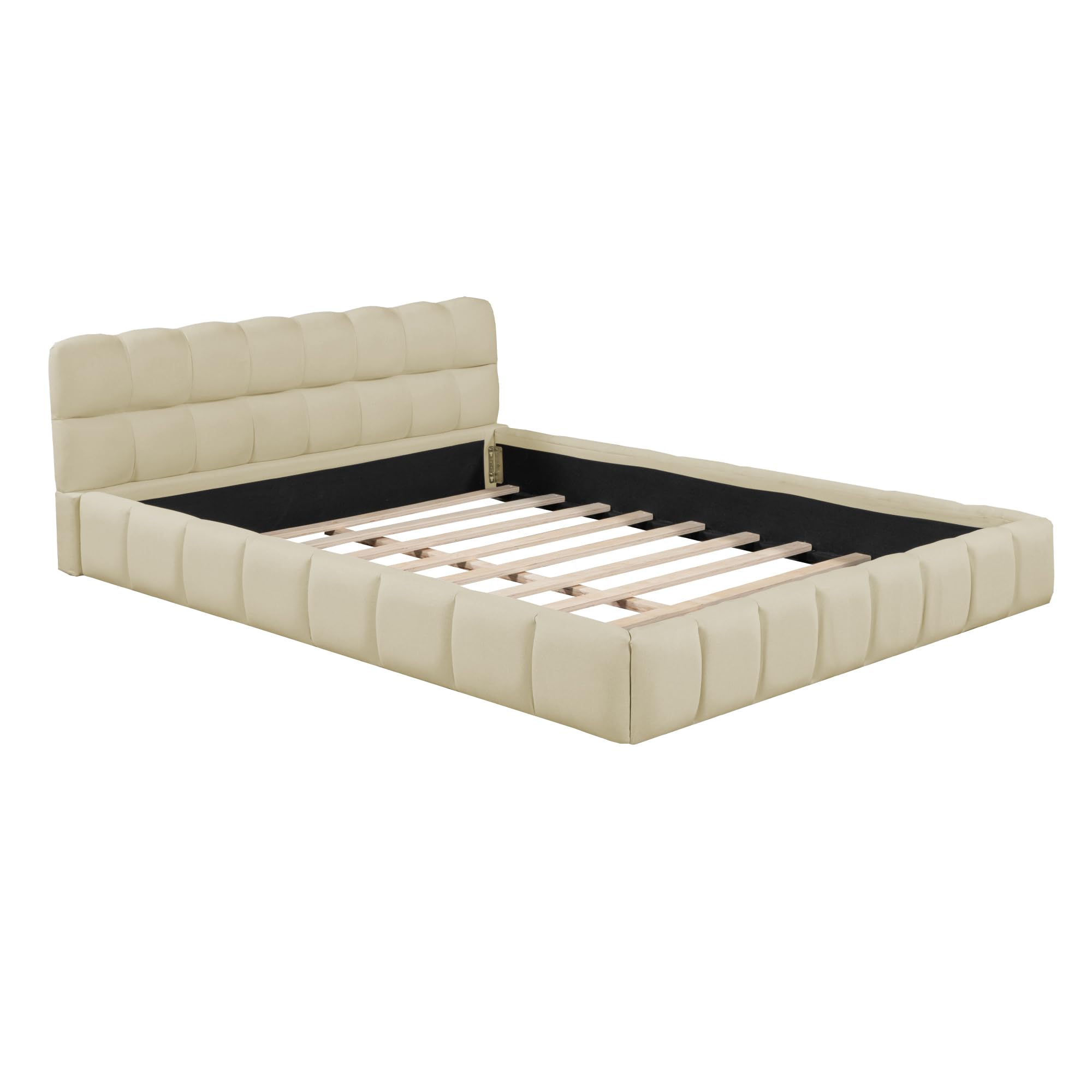 Modern Queen Size Upholstered Platform Bed with Thick Fabric, Linen Fabric Grounded Bed with Solid Wood Frame for Kids Teens Adults Like Cloud Bread (Beige-@1)