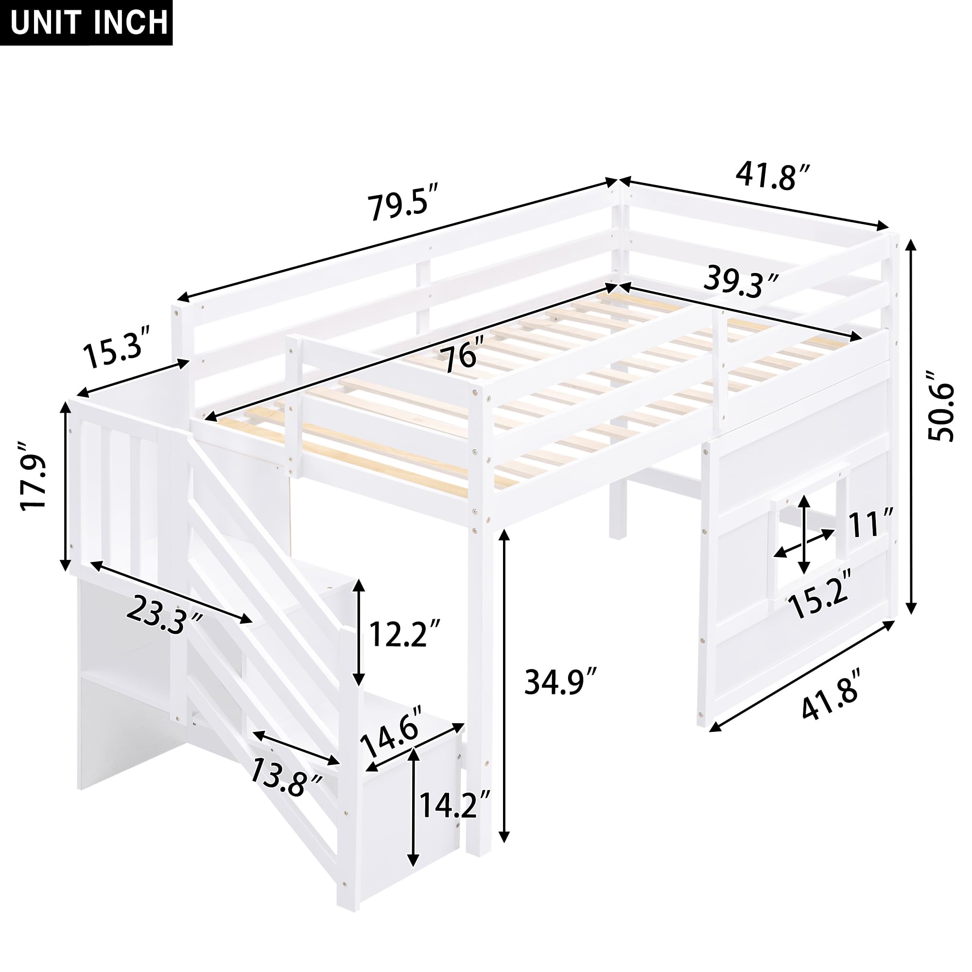 Bellemave Twin Size Low Loft Bed for Kids,Twin Loft Bed with Storage Staircase and Window,Wooden Bed Frame for Teens, Boys, Girls(White)