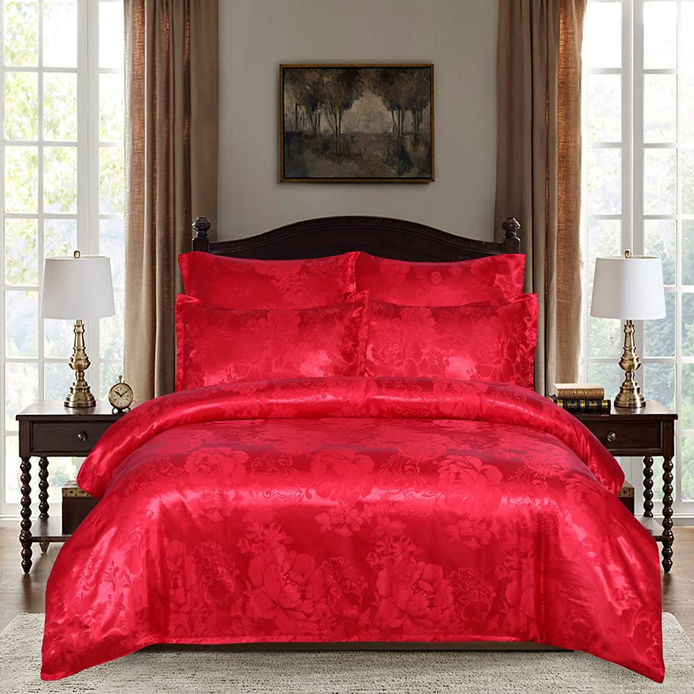 Satin Duvet Cover Queen Size, Floral Jacquard Satin Duvet Cover Set 3 Piece Luxury Silk Like Bedding Comforter Cover Set 90"x90", 2 Piece Pillowcase with Zipper Closure & Corner Ties (04,Queen)