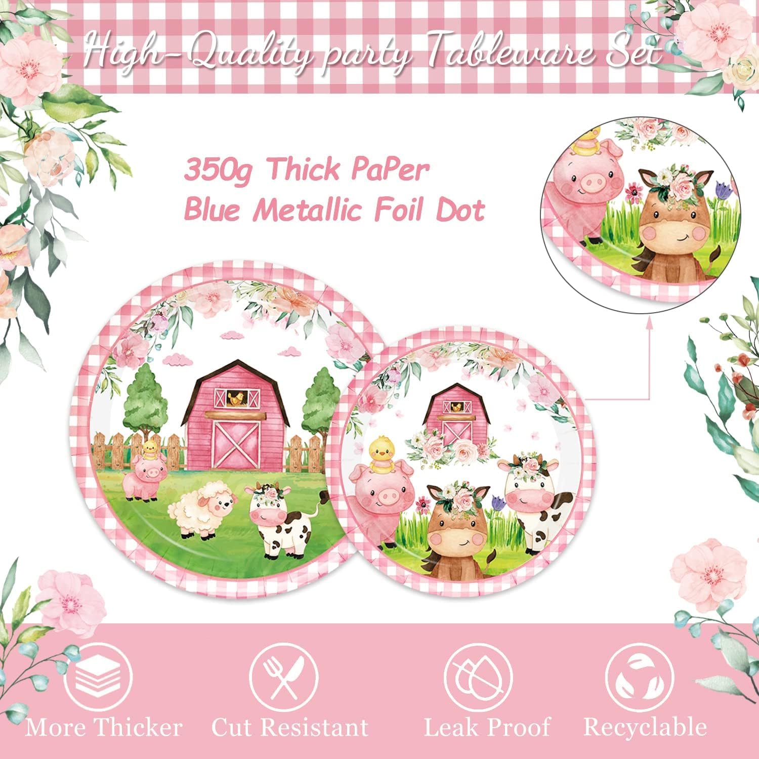 171Pcs Farm Animals Party Supplies Tableware Set Cute Pink Animal Baby Shower Includes Plate Napkins Cups Farm Tablecloth Banner for Farm Birthday Party Barn Animal Theme Party