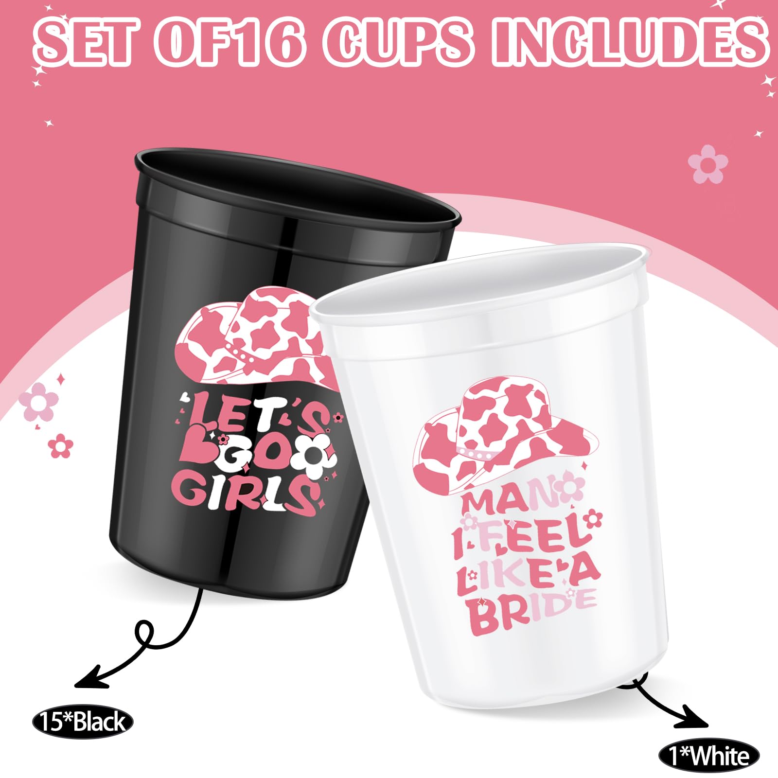 Norme 16 Pcs Let's Go Girl Party Cups Bachelorette Party Supplies Man I Feel Like a Bride Party 16 oz Reusable Black White Plastic Bride Cup for Bridesmaid Bridal Shower Wedding Decorations Favors