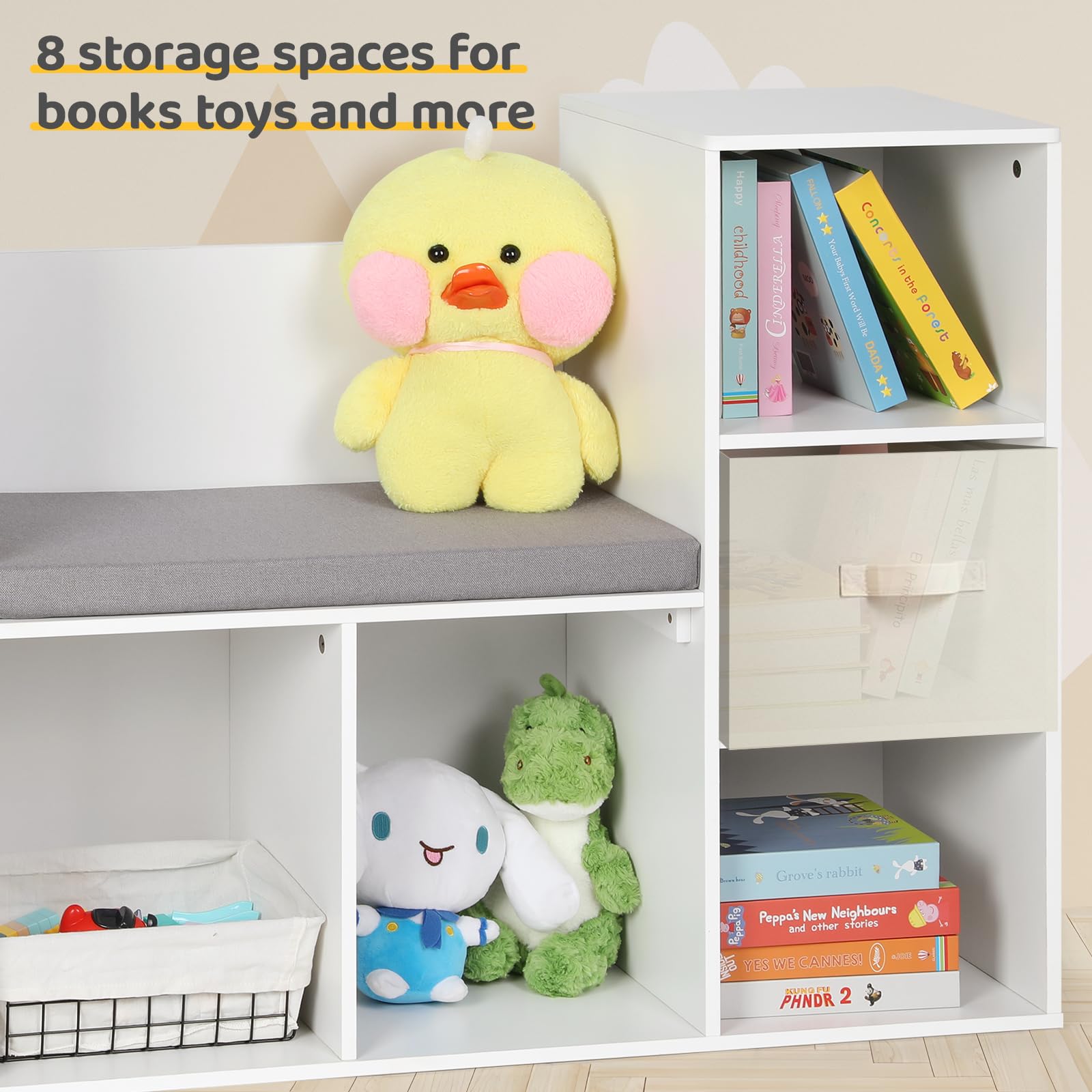 Cowiewie Kids Bookshelf with Reading Nook, 8-Cubby Toy Storage Organizer with Seat Cushion, Toy Storage for Bedroom, Playroom, Kids Room, 13.39" D x 47.24" W x 29.92" H, White