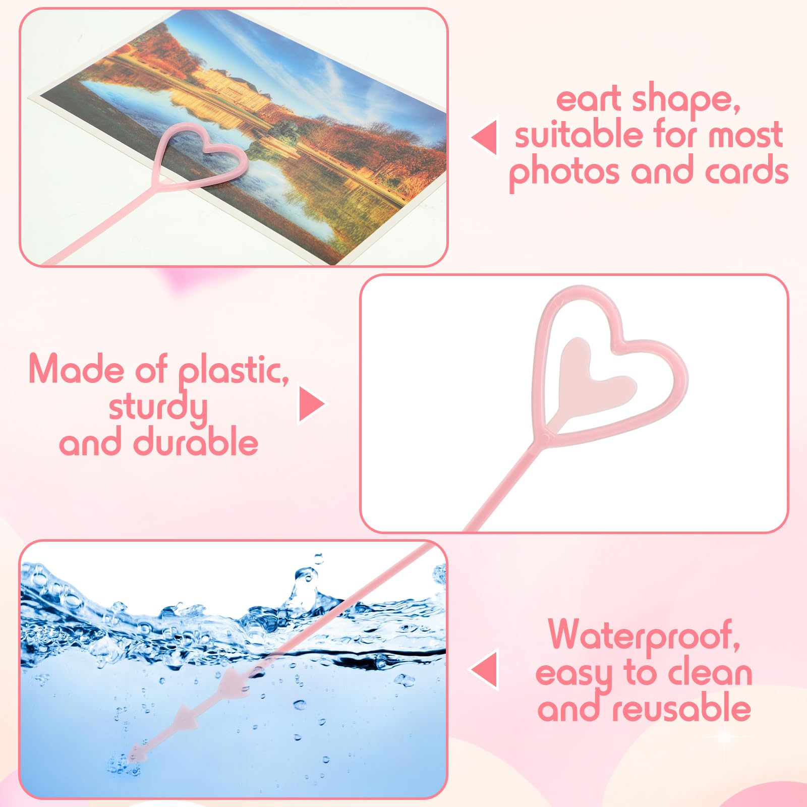 Resurhang 320 Pcs 9 Inch Floral Pick Card Holder Plastic Pink Heart Shaped Flower Place Card Holders Clips for Valentine's Day Bouquet Floral Arrangement Birthday Wedding Parties Decoration