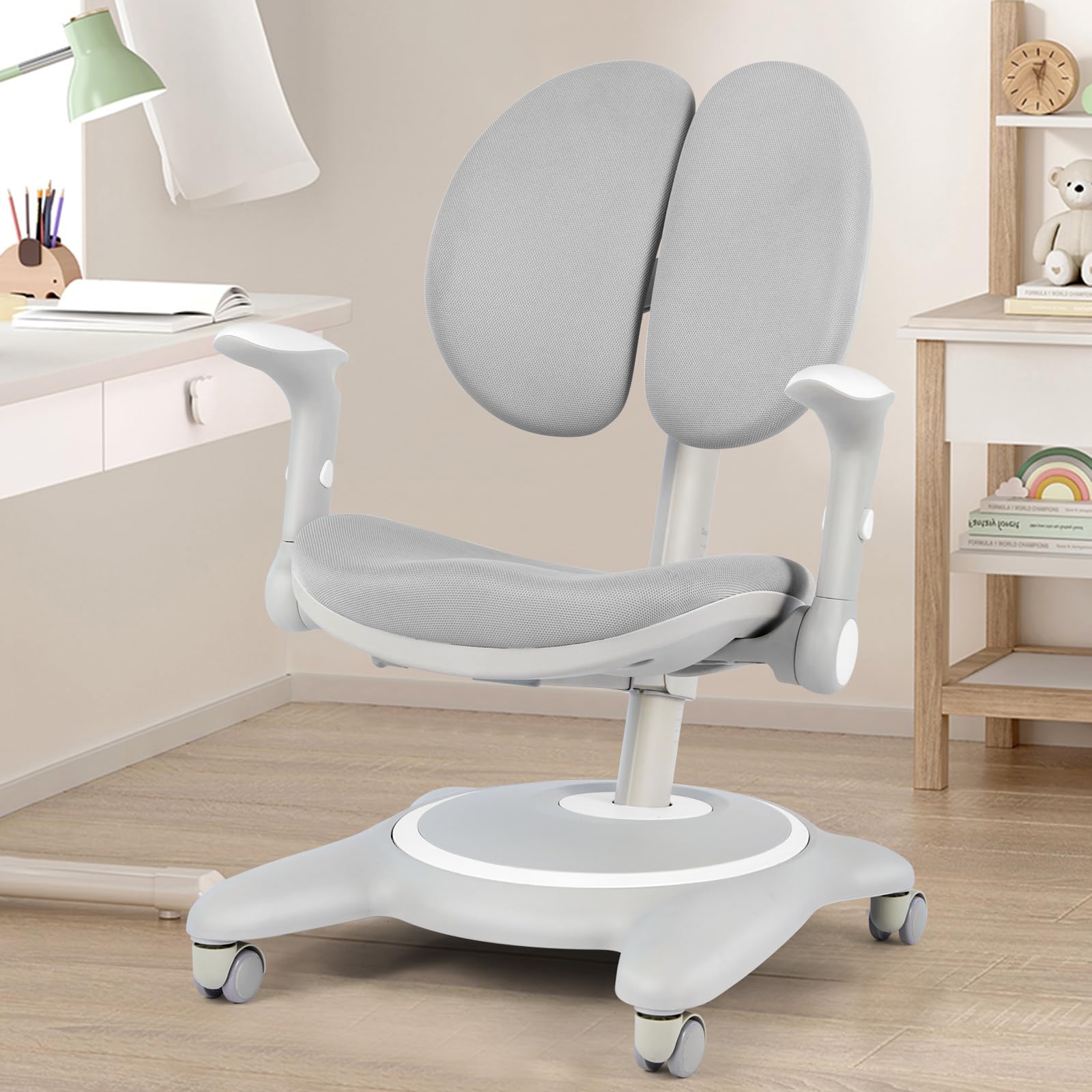 COSVALVE Adjustable Comfy Study Chair for Ages 5-15 Years Old, Reading Chair for Bedroom with Height and Depth Adjustable, Foldable Armrest, Auto Sit-Locking Wheels, for Girls Boys (Grey)