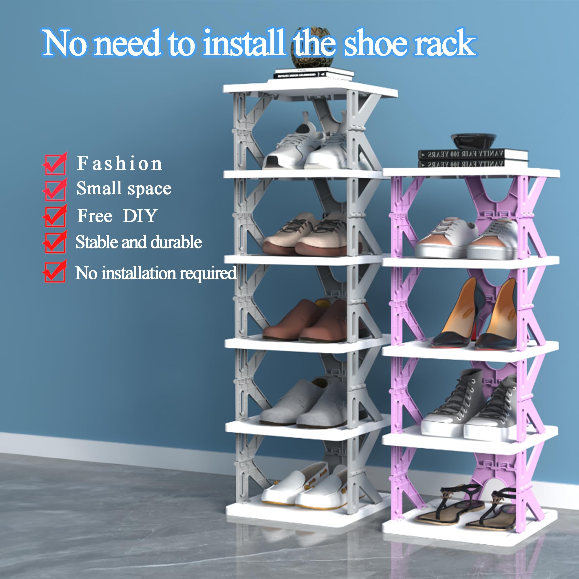 HUYFGDYSA 6 Tier Foldable Shoe Rack Tall Organizer- Narrow Free Installation Small Shoe Rack for Front Door Entrance Shoe Storage Flexible and Shelf Space Saving Organizer for Closet(Gray)