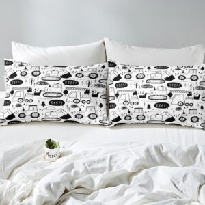 Cartoon Cars Kids Fitted Sheet Full Size,Tractor Truck Excavator Toddler Bedding Set,Girls Boys Adults Room Decor,Construction Vehicles Bed Cover,Black White Chic Bed Sheet,2 Pillowcases