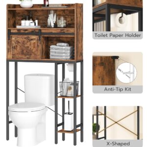 HOOBRO Over The Toilet Storage Cabinet, Bathroom Organizer Stand with Toilet Paper Holder, Space-Saving Toilet Storage Rack, Sliding Barn Door, Rustic Brown and Black BF82TS01