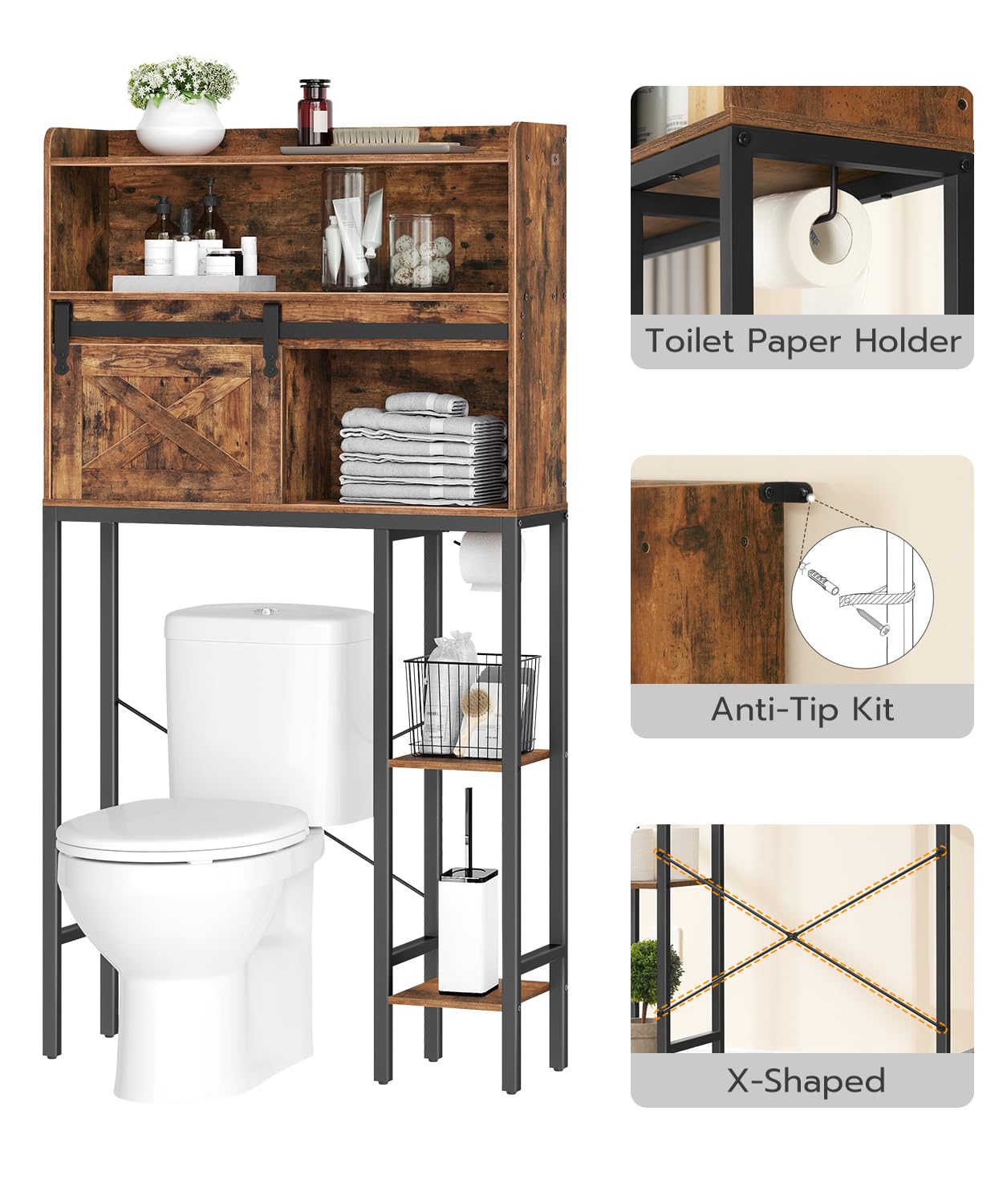 HOOBRO Over The Toilet Storage Cabinet, Bathroom Organizer Stand with Toilet Paper Holder, Space-Saving Toilet Storage Rack, Sliding Barn Door, Rustic Brown and Black BF82TS01