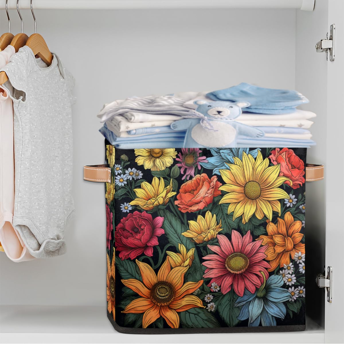 JXDXHCW 13x13 Inch Storage Basket Bin Wildflower Floral Pattern Polyester Cloth Storage Cube Box Toys Clothes Towels Organizer for Kids Room Bedroom Shelves Pantry