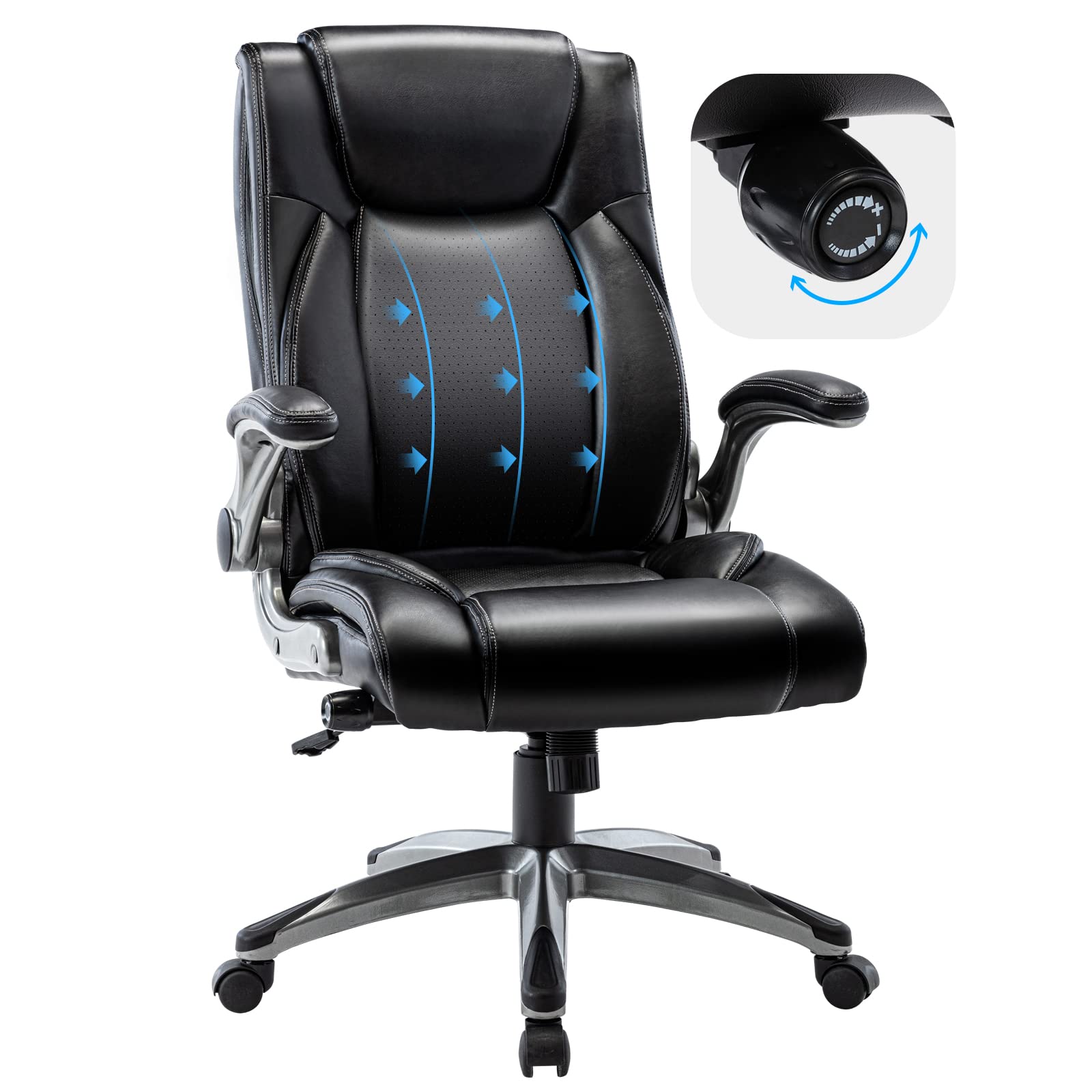 COLAMY Executive Office Ergonomic Chair with Thick Bonded Leather, Flip-up Armrests, High Back Adjustable Height and Tilt for Working, Study, Gaming