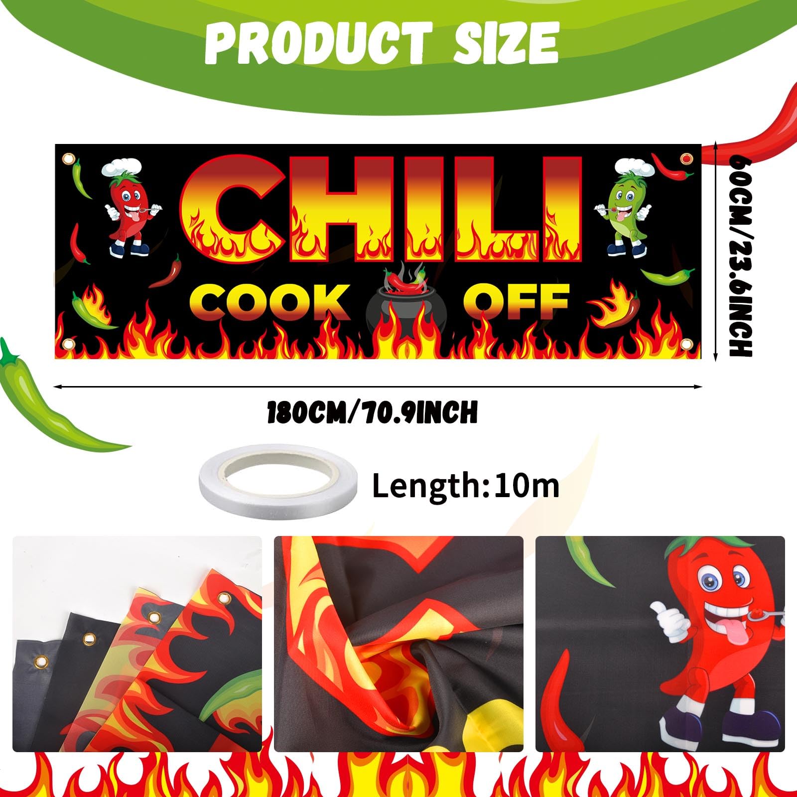 Chili Cook Off Banner Decorations, 71x24 Inch Fabric Chili Banner Sign, Chili Cook Off Supplies, Mexican Fiesta Chili Cooking Party Supplies (180 x 60 cm)