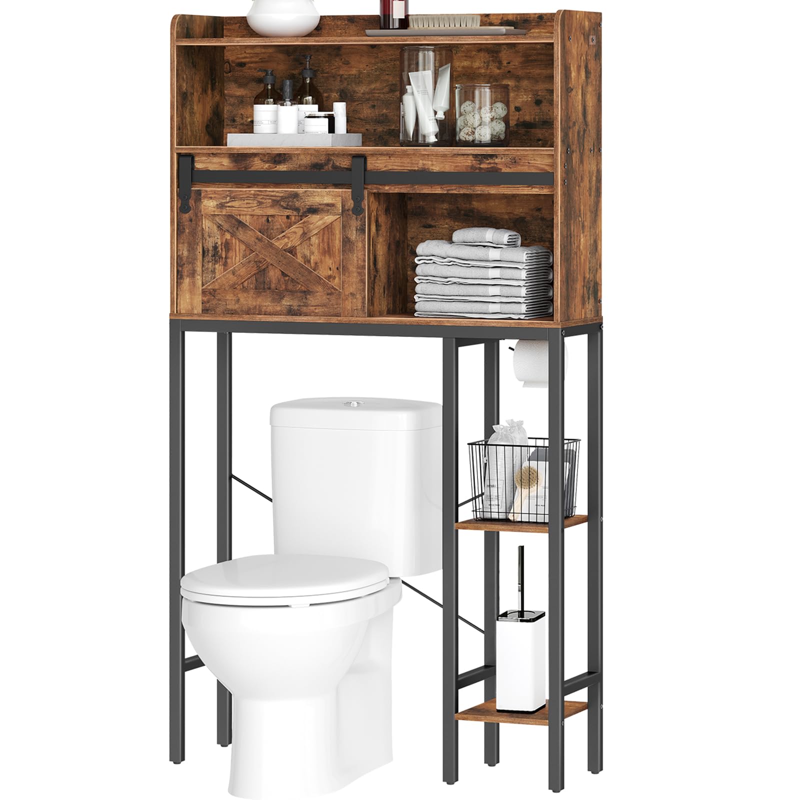 HOOBRO Over The Toilet Storage Cabinet, Bathroom Organizer Stand with Toilet Paper Holder, Space-Saving Toilet Storage Rack, Sliding Barn Door, Rustic Brown and Black BF82TS01