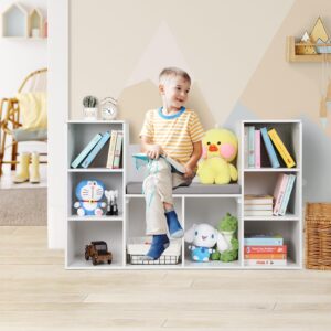 Cowiewie Kids Bookshelf with Reading Nook, 8-Cubby Toy Storage Organizer with Seat Cushion, Toy Storage for Bedroom, Playroom, Kids Room, 13.39" D x 47.24" W x 29.92" H, White