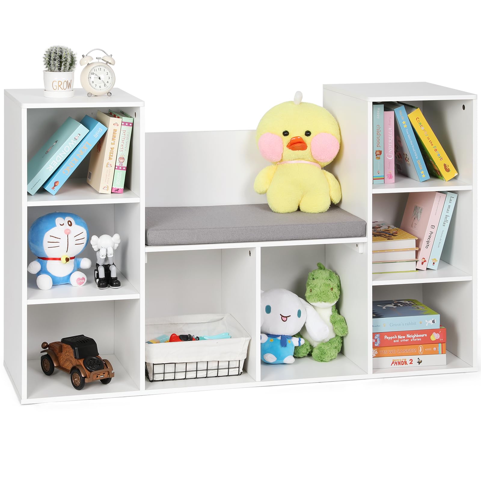 Cowiewie Kids Bookshelf with Reading Nook, 8-Cubby Toy Storage Organizer with Seat Cushion, Toy Storage for Bedroom, Playroom, Kids Room, 13.39" D x 47.24" W x 29.92" H, White