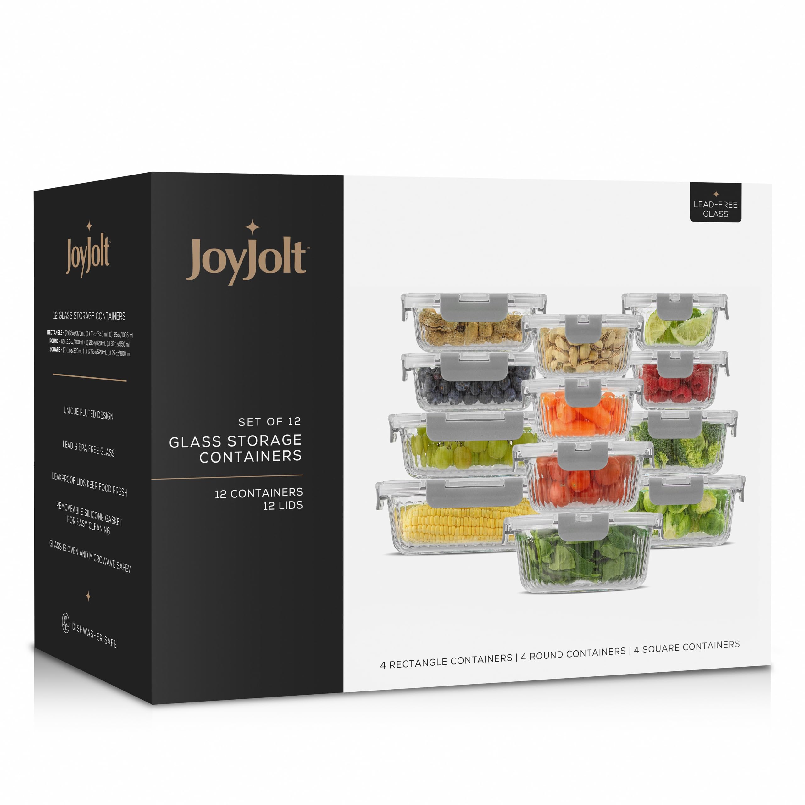 JoyJolt 24pc Fluted Glass Storage Containers with Lids. 12 Airtight, Freezer Safe Food Storage Containers, Pantry Kitchen Storage Containers, Glass Meal Prep Containers for Lunch