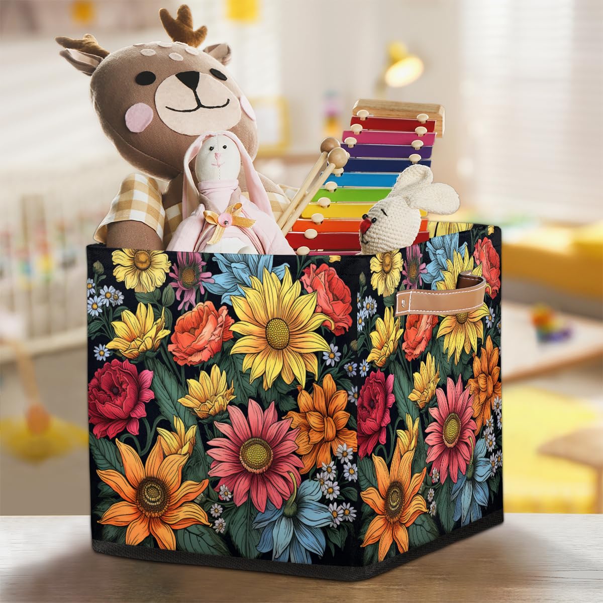 JXDXHCW 13x13 Inch Storage Basket Bin Wildflower Floral Pattern Polyester Cloth Storage Cube Box Toys Clothes Towels Organizer for Kids Room Bedroom Shelves Pantry