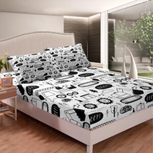 Cartoon Cars Kids Fitted Sheet Full Size,Tractor Truck Excavator Toddler Bedding Set,Girls Boys Adults Room Decor,Construction Vehicles Bed Cover,Black White Chic Bed Sheet,2 Pillowcases