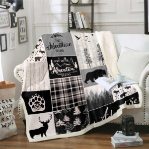 buffalo patchwork fleece blanket throw size, hunting bear deer sherpa blanket for kids teens adult, rustic farmhouse grid claw throw blanket adventure camping plush bed blanket for bedroom sofa couch