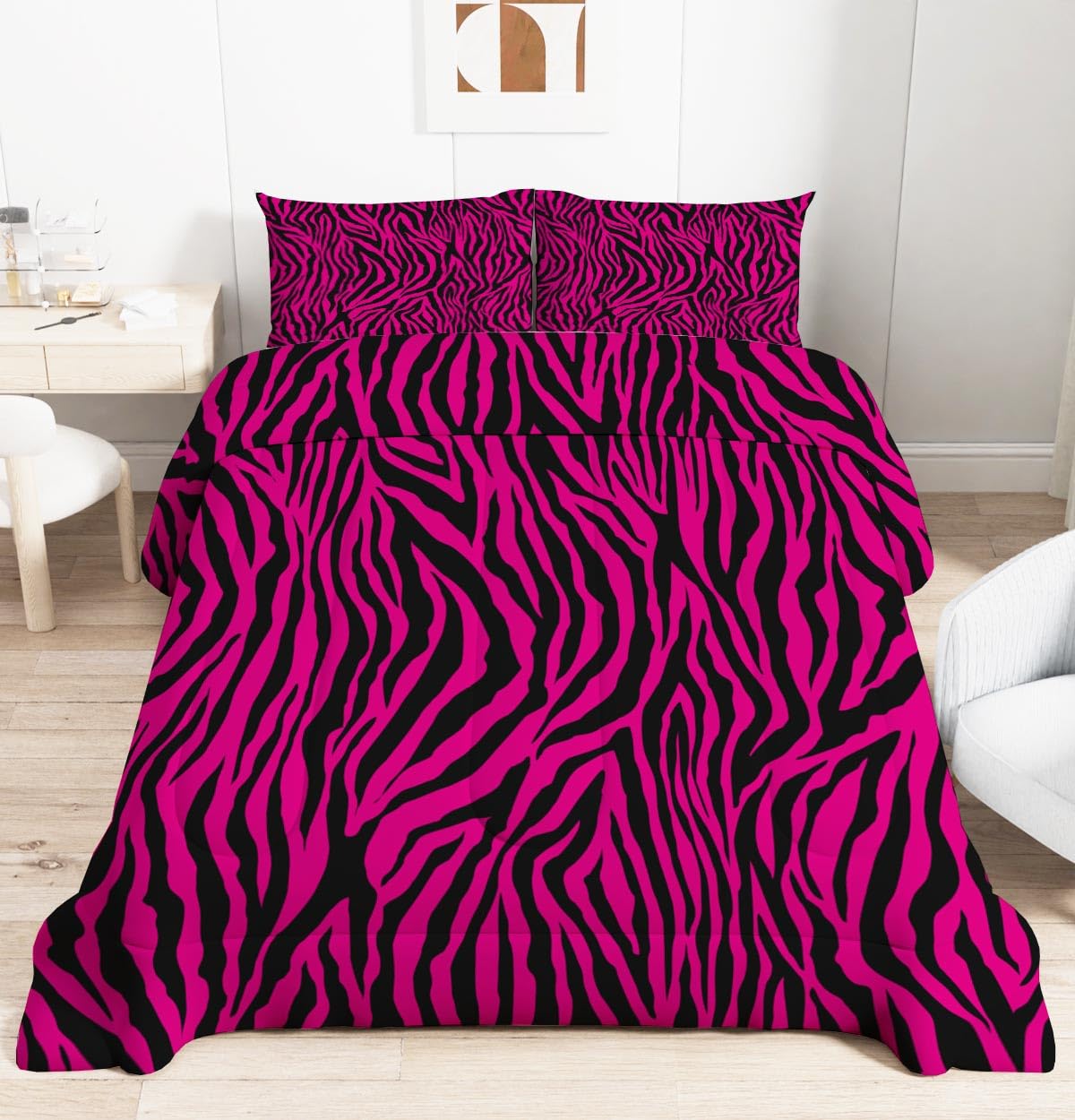 TBUEKLI Zebra Print Comforter Set Girls Women Pink Black Zebra Stripes Bedding Sets Full Animal Skin Decor Down Alternative Duvet Insert for Kids Teens Bedroom Dorm Room, Ultra Soft 3Pcs