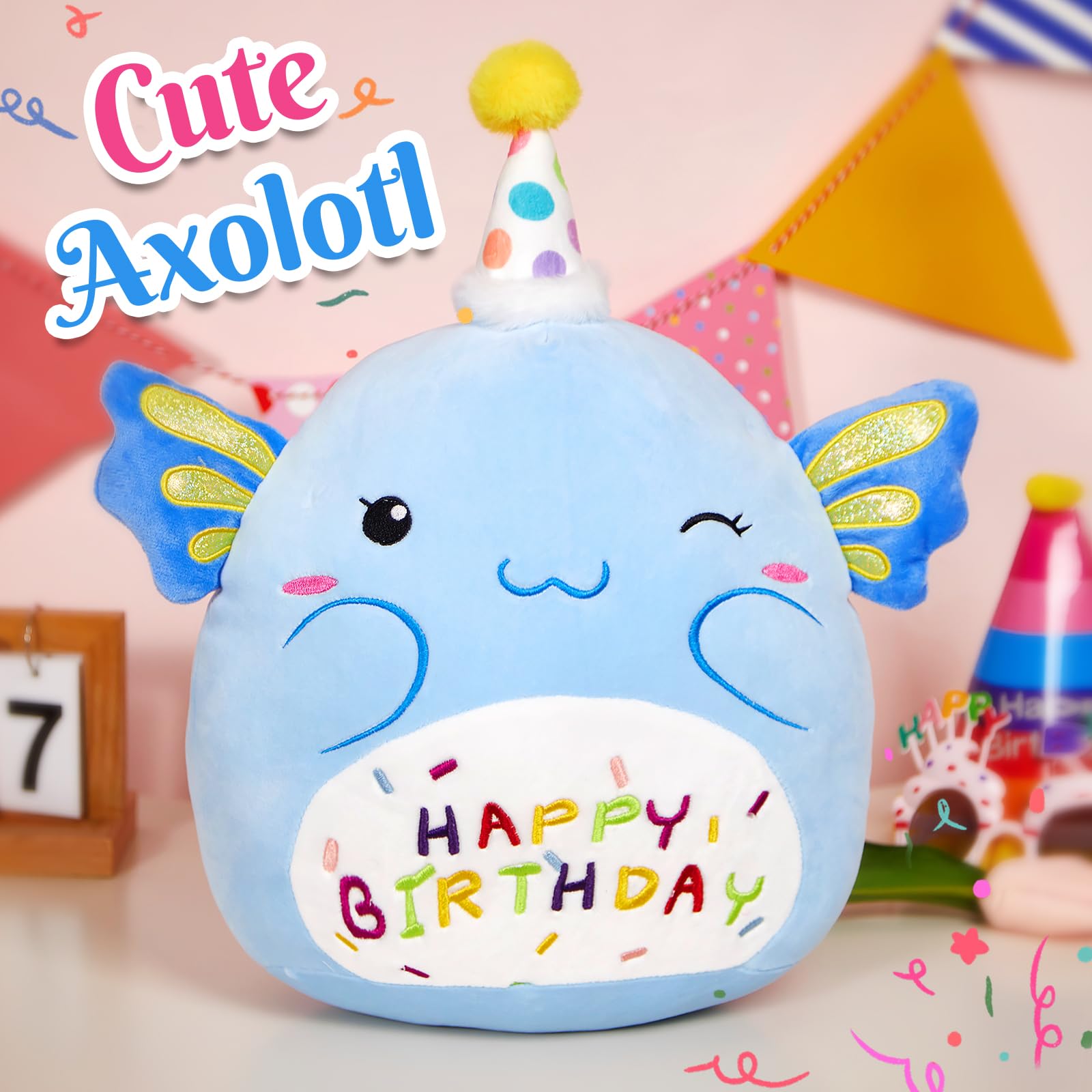 CozyWorld 14“ Birthday Axolotl Plush Pillow, Blue Axolotl Stuffed Animal Soft Axolotl Plush Toy, Cute Plushie Doll Gifts for Kids & Birthday Party Decor