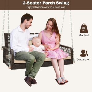 HAPPYGRILL Porch Swing Outdoor 2-Person Hanging Bench Chair with Seat & Back Cushions, Heavy-Duty Metal Structure & 2 Hanging Chains, Wicker Rattan Woven Loveseat Swing for Front Porch Backyard