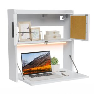 artethys wall mounted desk with led light multifunctional fold down laptop computer table writing workstation with storage compartments space saving for home office