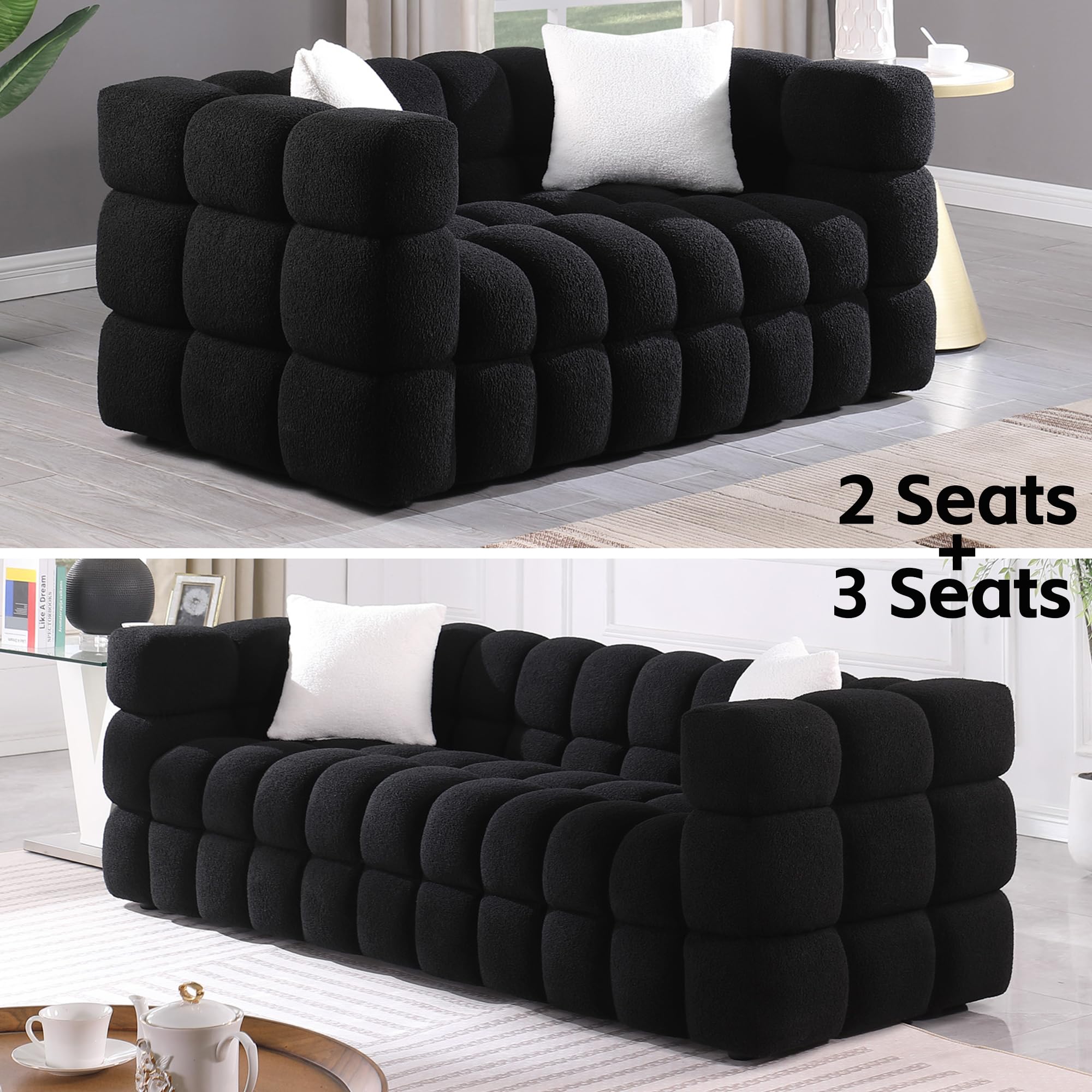 Olodumare 2 Pcs Sectional Sofa 2+3 Cloud Couch with Extra Deep Seats,5 Seater Sofa,Modern Boucle Couch with 4 Pillows Decor Furniture,Marshmallow Tufted Couch for Living Room.Loveseat+Sofa,Black