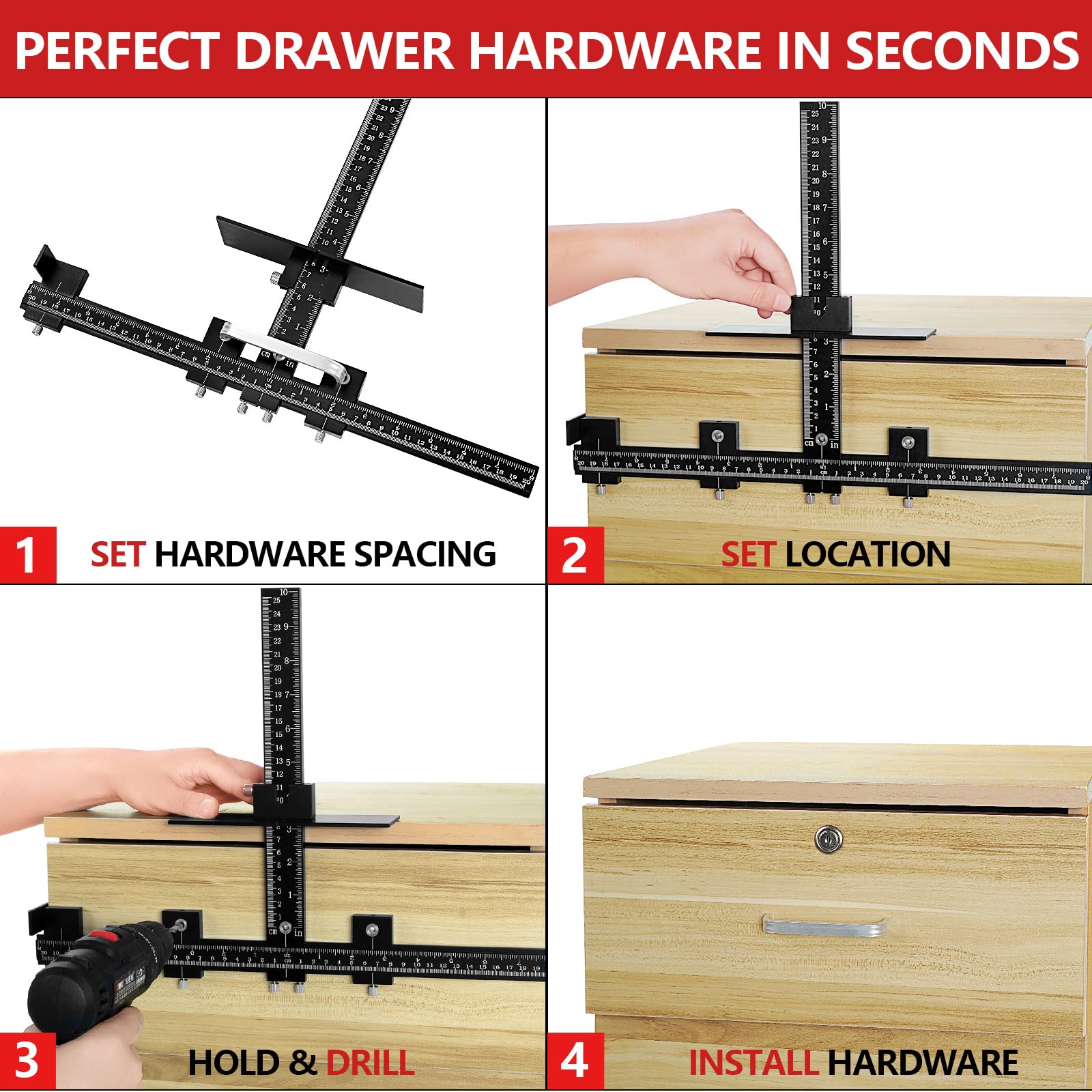 Vicrays Cabinet Hardware Handle Jig - Aluminum Alloy Cabinet Template Tool Woodworking Drilling Hole Doweling Guide Punch Locator for Installation Handles Knob on Drawer Door Pulls