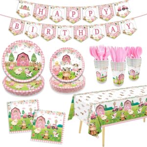 171pcs farm animals party supplies tableware set cute pink animal baby shower includes plate napkins cups farm tablecloth banner for farm birthday party barn animal theme party