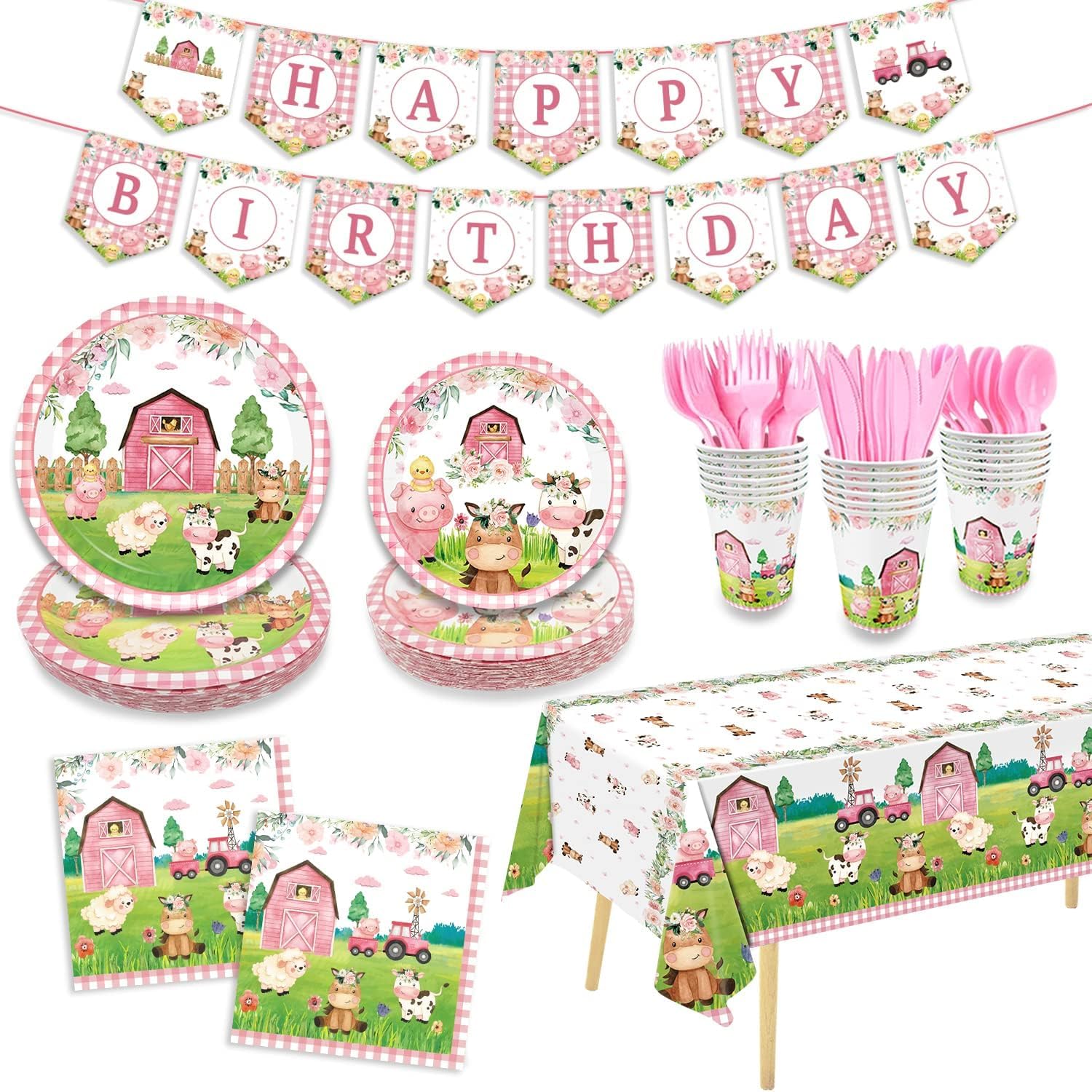 171Pcs Farm Animals Party Supplies Tableware Set Cute Pink Animal Baby Shower Includes Plate Napkins Cups Farm Tablecloth Banner for Farm Birthday Party Barn Animal Theme Party