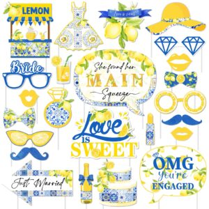 24 pieces she found her main squeeze photo booth props - blue tile and lemon bridal shower decorations, yellow and blue capri lemon theme party supplies