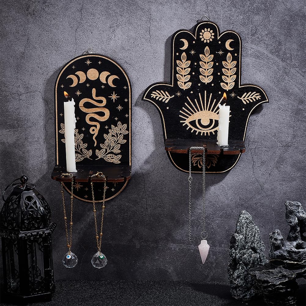 CRASPIRE 2 Sets Small Crystal Shelf Black Hamsa Hand Wooden Display Shelf Holder Evil Eye Magical Witch Stuff Boho Rustic Altar Divination Pendulum Storage Rack for Essential Oil Decor