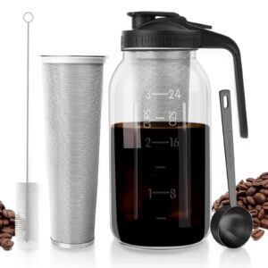 cold brew coffee maker - 64 oz wide mouth mason jar pitcher with stainless steel filter, coffee scoop, and cleaning brush -glass pitcher for iced coffee, tea - includes pour spout handle lid