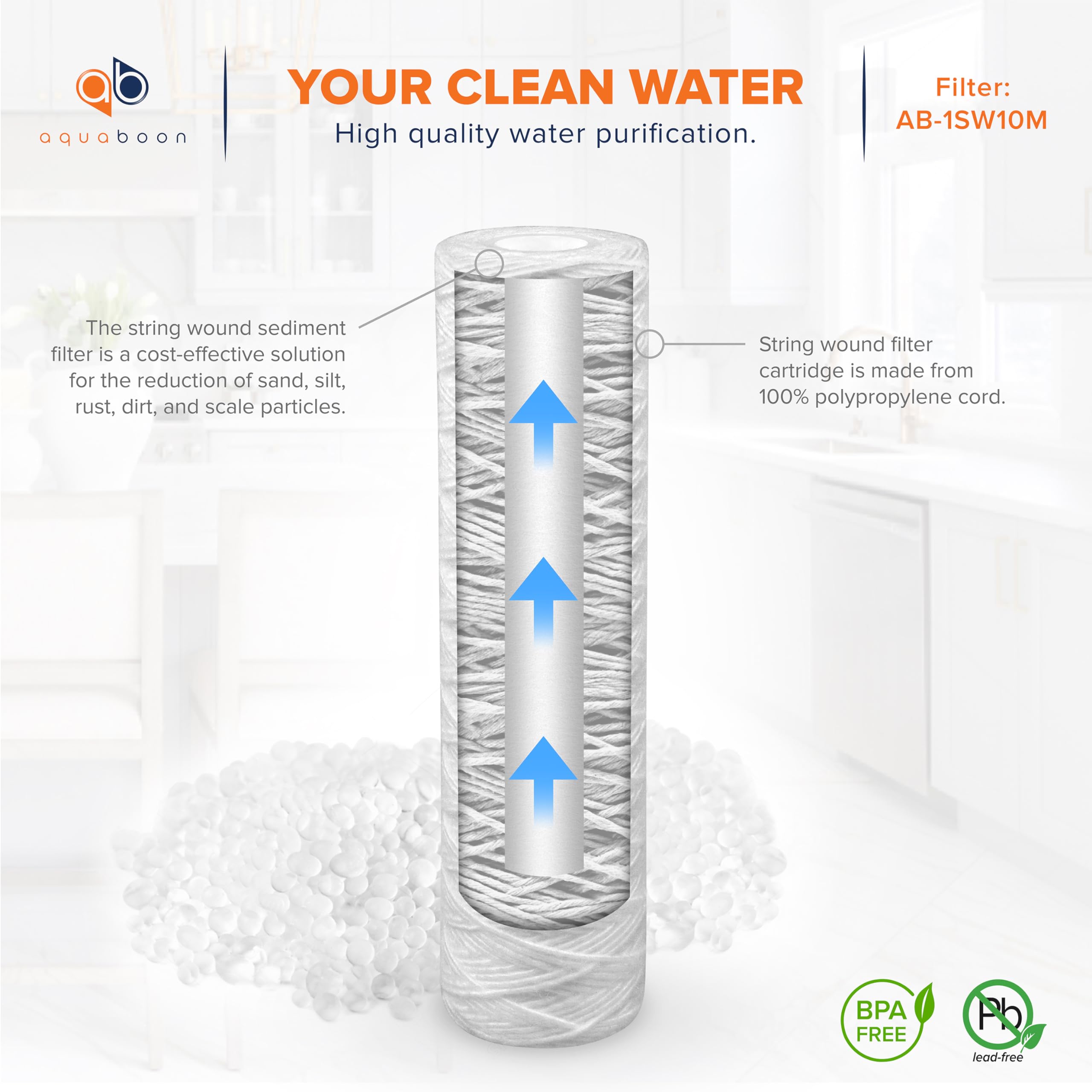 Aquaboon String Wound Water Filter Cartridge - Whole House 10 Micron Water Filter 10 x 2.5 Replacement for Well Filter Matches WHKF-WHSW, P5, 6-Pack